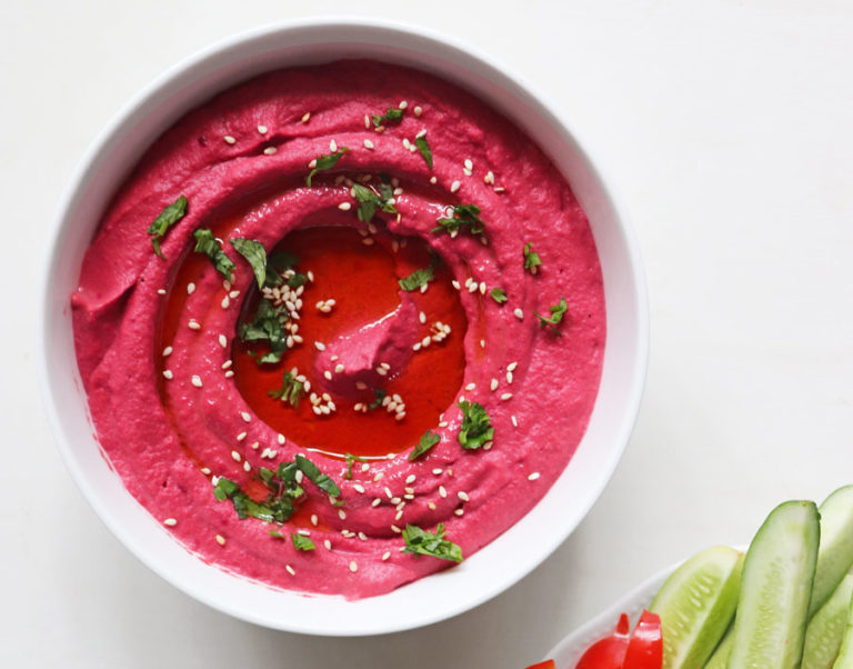 Beetroot Hummus - Velvety dip with oven roasted beets - Sprig & Vine